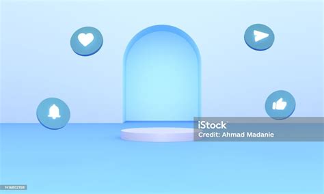 파란색 연단 또는 플랫폼 및 아이콘 미디어 소셜 파란색 배경 3d 그림 렌더링 전단지 디스플레이 제품 디자인 광고 등 3차원 형태에 대한 스톡 사진 및 기타 이미지 Istock