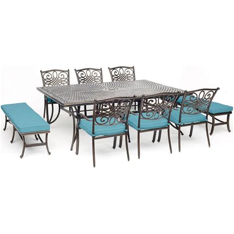 Hanover Traditions 9 Piece Aluminum Outdoor Dining Set With Blue Cushions 6 Chairs 2 Benches And