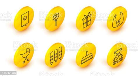 세트 라인 테디 베어 봉제 장난감 불타는 촛불이 달린 케이크 그림을 그리기 위한 왁스 크레용 유모차 턱받이 선물 상자 롤리팝 및 샤워 초대장 카드 포스터 아이콘 벡터 0명에