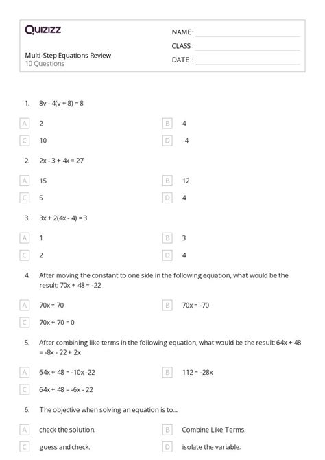 50 Multi Step Equations Worksheets For 8th Class On Quizizz Free And Printable