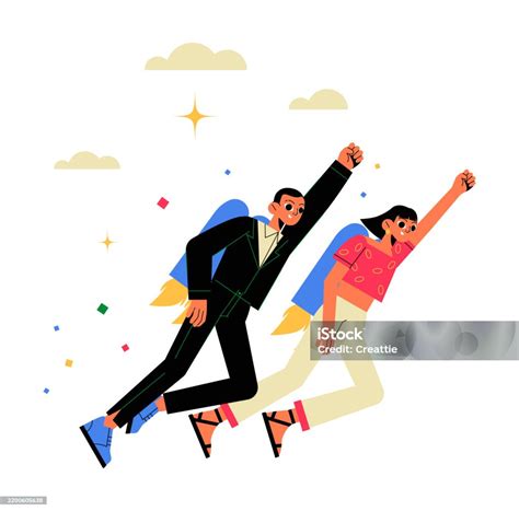 사업가와 사업가는 혁신 경력 발전 팀워크 야망을 상징하는 플랫 벡터 일러스트 레이 션에서 Jetpacks와 함께 비행 흰색