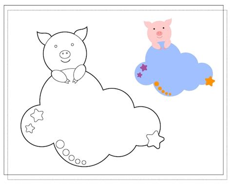어린이를 위한 색칠하기 책 그림을 바탕으로 구름 속에서 자고 있는 귀여운 만화 돼지를 그립니다 프리미엄 벡터