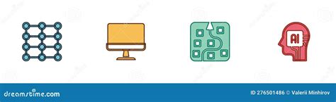 Set Neural Network Computer Monitor And Humanoid Robot Icon Vector Stock Illustration