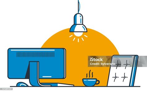 흰색 사무실 또는 가정 작업 장소 벡터 현대 일러스트 빈 의자 아무도 빈 작업 개념 직장을위한 편안한 공간을 통해 고립 된 작업 책상 플랫 일러스트 개발에 대한 스톡 벡터