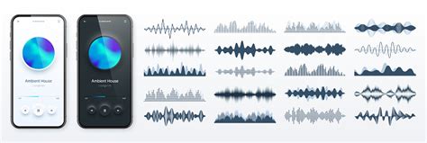 온라인 오디오 플레이어 사용자 인터페이스 스마트폰 앱 Ui 디자인 음악 미디어 스트리밍 및 청취 플랫폼 반응형 모바일 애플리케이션 뉴모피즘 다양한 음파 벡터 그림 디자인에