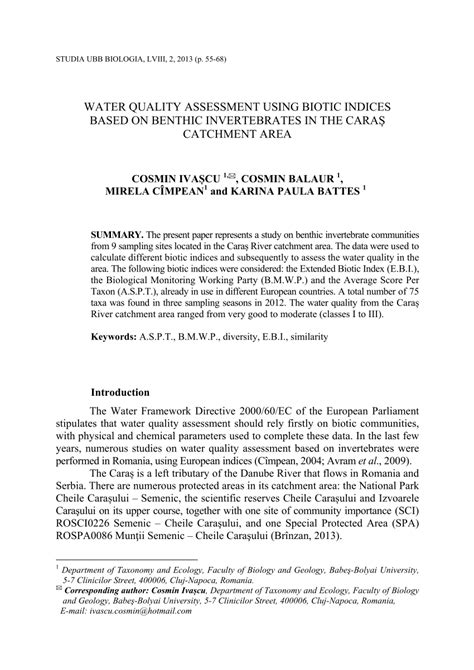 Pdf Water Quality Assessment Using Biotic Indices Based On Benthic
