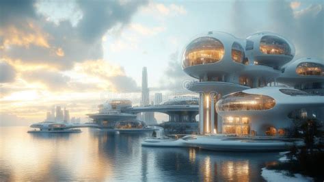 Futuristic Cityscape With Sleek Architecture And Floating Structures Illuminated By A Sunset In