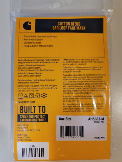Carhartt Cotton Blend Ear Loop Face Mask 100 Cotton One Size Ebay