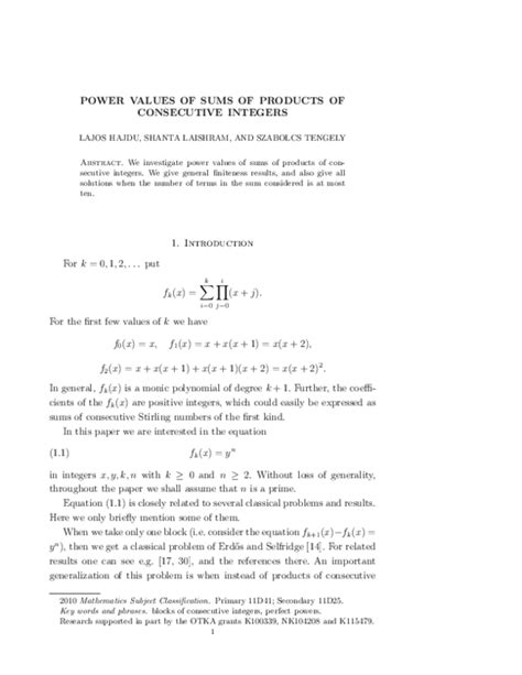 Pdf Power Values Of Sums Of Products Of Consecutive Integers