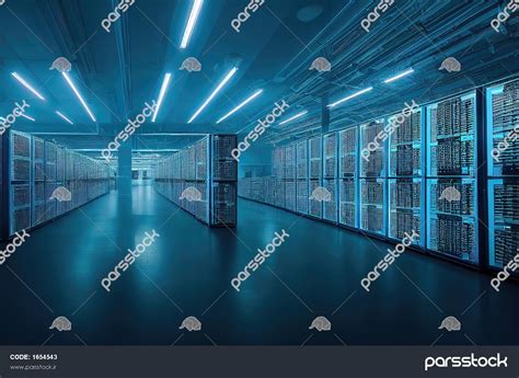 تصویر شطرنجی فضای داخلی مرکز داده در رنگ های آبی رک سرورها چراغ های نئون سیم الکترونیک ذخیره