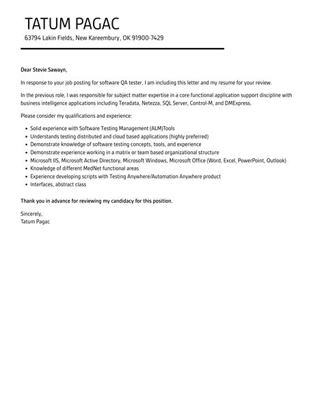 Software QA Tester Cover Letter Velvet Jobs