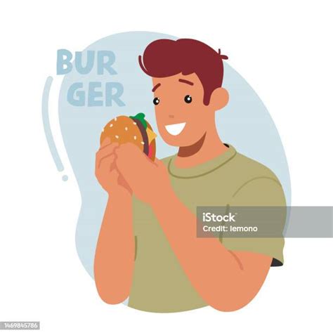 그의 얼굴에 순수한 만족의 표정으로 육즙이 많은 햄버거를 즐기는 남자 패스트 푸드에 탐닉하는 기쁨을 가진 남성 캐릭터 개념에 대한 스톡 벡터 아트 및 기타 이미지 Istock