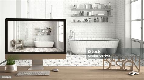 건축가 디자이너 프로젝트 개념 나무 테이블 키 3d 문자 단어 욕실 디자인 및 초안을 보여주는 바탕 화면 배경 화이트 인테리어 디자인에서 Cad 스케치 청사진 Draft