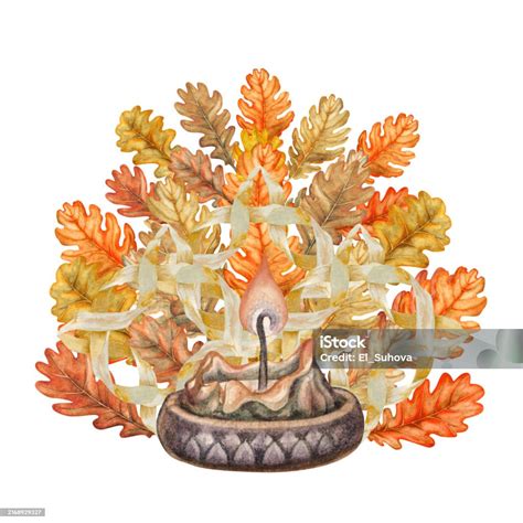 오렌지와 갈색의 가을 떡갈나무 잎 꽃병 촛불 밀짚 공예 장식 수채화 그림이 있는 타원형 엽서 템플릿입니다 자연 단풍의 질감 추수 감사절 추수 감사절을위한 도토리 0명에 대한