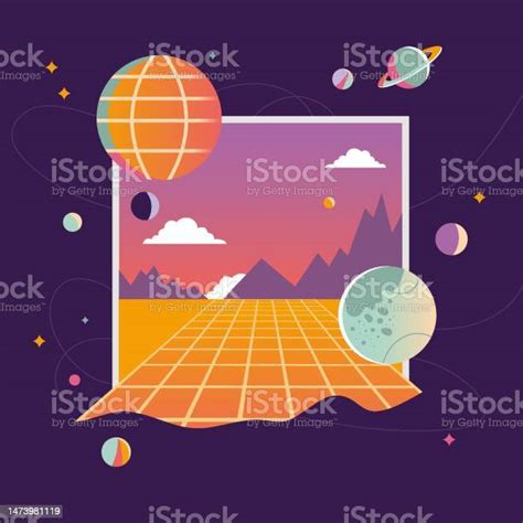 가상 현실 배경 만화 스타일 사이버 공간 진입 개념 메타버스의 창 우주 행성과 별 복고풍 미래주의 트렌디 한 벡터 일러스트 레이