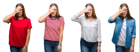 흰색 위에 젊은 아름 다운 소녀의 콜라주 배경 엿보기 얼굴과 당황된 표정으로 손가락을 통해 찾고 손으로 눈을 덮고 충격에서 격리