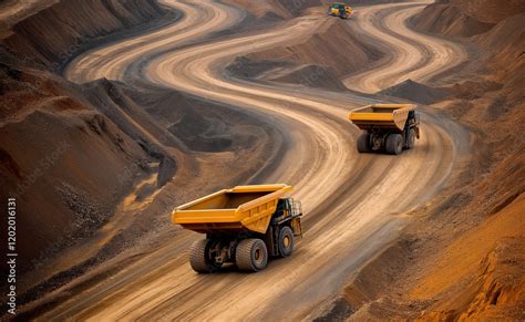 Massive Dump Trucks Navigating Winding Paths In An Open Pit Mining