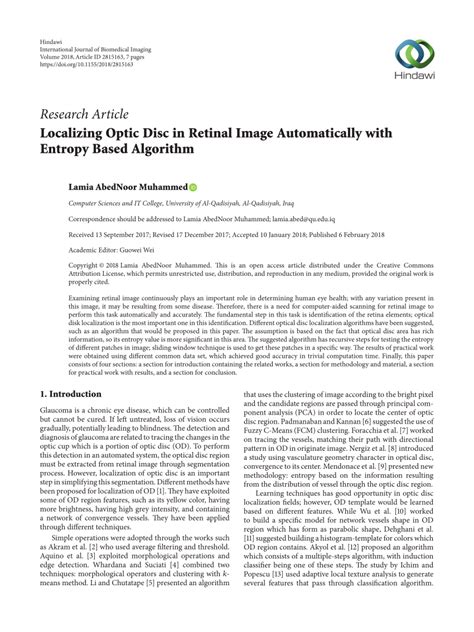 Pdf Localizing Optic Disc In Retinal Image Automatically With Entropy Based Algorithm