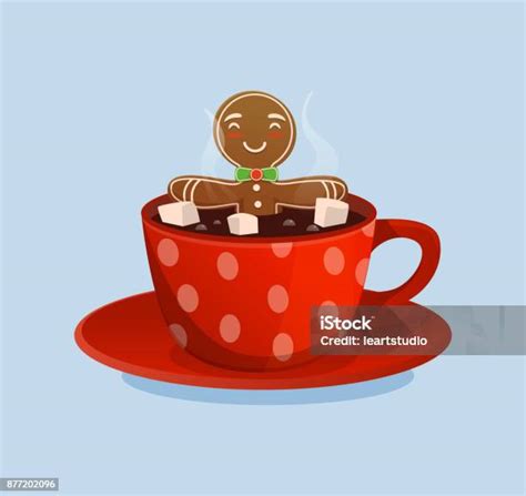 뜨거운 음료와 마 시 멜로 컵에 누워 귀여운 진저 남자 크리스마스 카드의 개념입니다 벡터 일러스트 레이 션 만화 스타일입니다 블루에 격리 갈색에 대한 스톡 벡터 아트 및