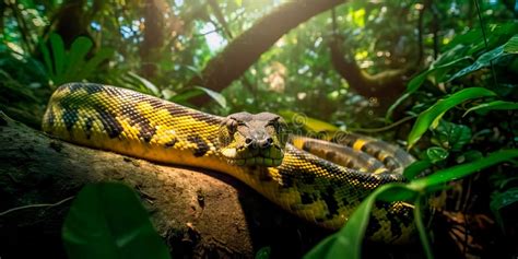 Yellow Python Coiling Around A Tree In A Rainforest Stock Illustration Illustration Of Forest
