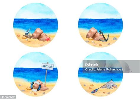 여름 해변 휴가 수채화 배경의 집합입니다 바다 해안 바위 보트 조개가있는 구성 로고 라벨 포스터 인쇄 엽서 문구류에 대한 삽화 개체 그룹에 대한 스톡 벡터 아트 및 기타