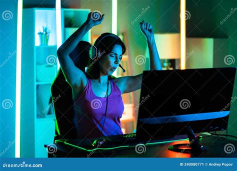 Young Excited Gamer Girl Won Video Game Stock Image Image Of