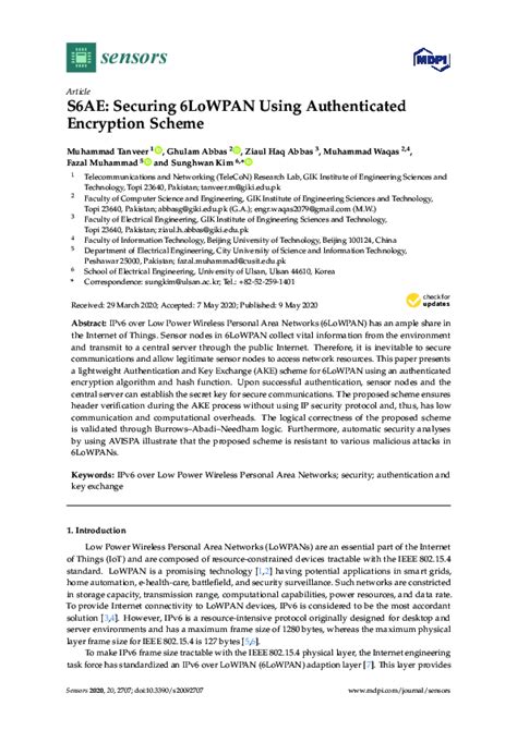 pdf s6ae securing 6lowpan using authenticated encryption scheme