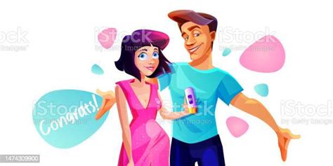 만화 스타일의 임신 계획의 개념 결혼 한 부부는 추상적 인 흰색 배경에 긍정적 인 임신 테스트를 축하합니다 2명에 대한 스톡