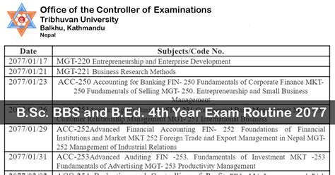 tribhuvan university 4 years b sc bbs and b ed 4th year exam routine 2077