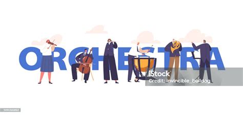 오케스트라 개념입니다 재능 있는 음악가들이 지휘자와 함께 무대에서 클래식 걸작을 연주하고 음악을 연주하는 아티스트 Classical Concert에 대한 스톡 벡터 아트 및