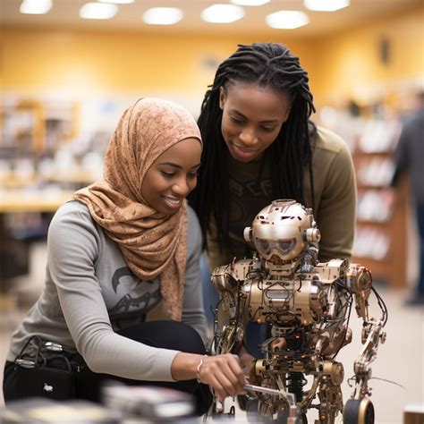 Premium Ai Image A Male And Female Student With Robot In The Lab Premium Ai Image A Male And Female Student With Robot In The Lab