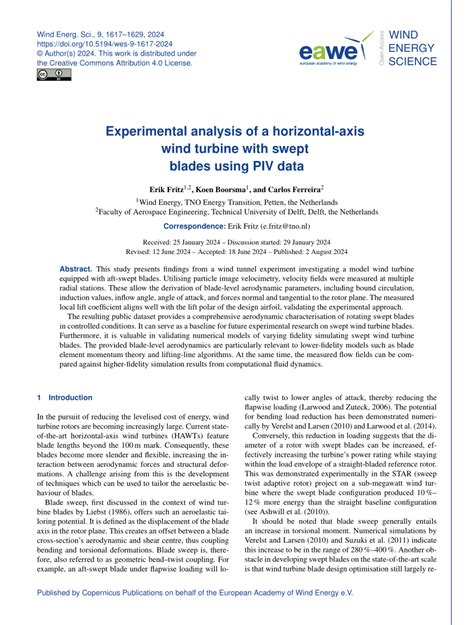Pdf Experimental Analysis Of A Horizontal Axis Wind Turbine With Swept Blades Using Piv Data