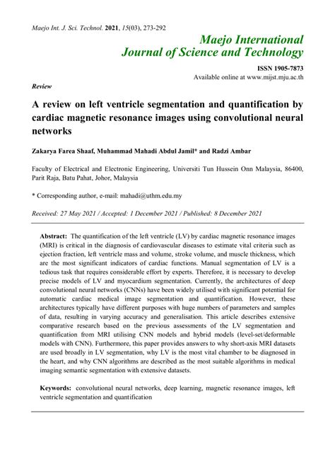 Pdf A Review On Left Ventricle Segmentation And Quantification By Cardiac Magnetic Resonance
