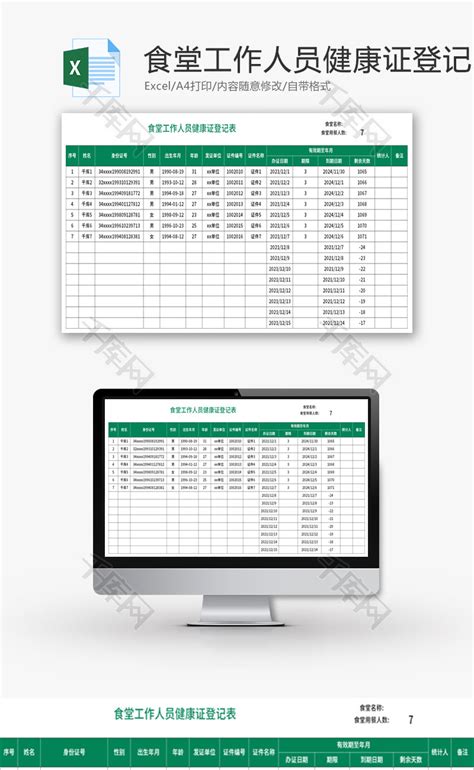食堂工作人员健康证登记表Excel模板 千库网 excelID159839