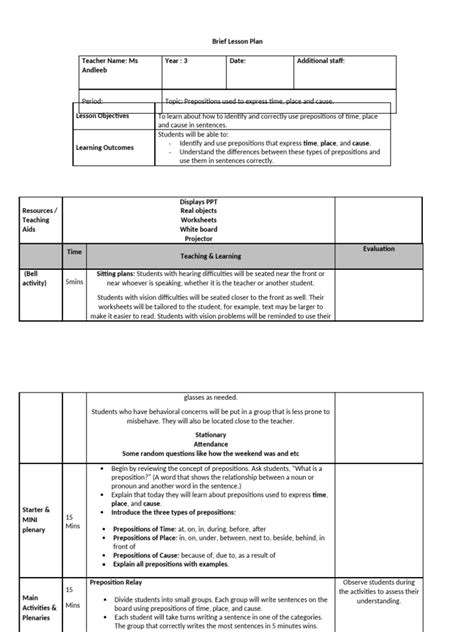 Lesson Plan 1 Preposition Used To Express Time Place And Cause Pdf Preposition And