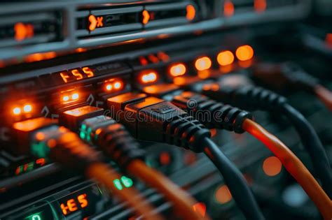 Close Up Of Connected Internet Cables With Glowing Network Equipment