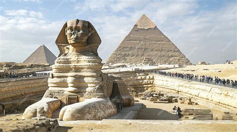 A Majestic View Of The Great Sphinx In Front Of The Iconic Pyramids Of Giza Showcasing Ancient