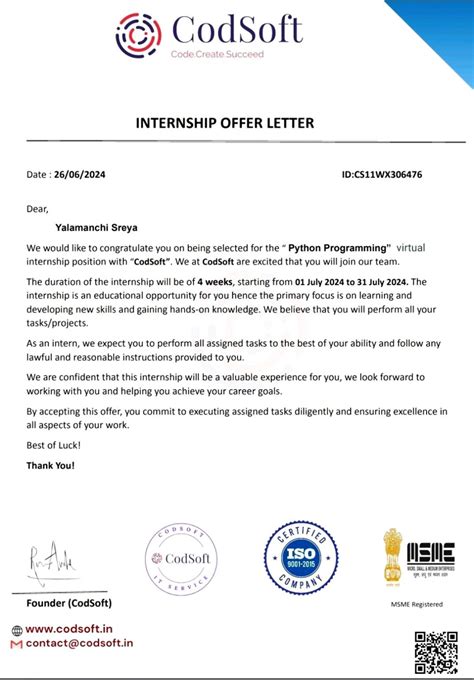 Sreya Yalamanchi On Linkedin Codsoft Newjourney