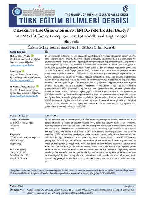 Pdf Stem Self Efficacy Perception Level Of Middle And High School