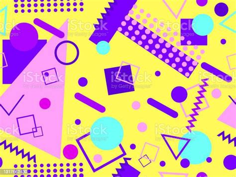 80 년대 의 스타일기하학적 원활한 패턴 종이 광고 재료 및 직물에 인쇄하기위한 트렌디 한 복고풍 배경 벡터 일러스트레이션 0명에 대한 스톡 벡터 아트 및 기타 이미지