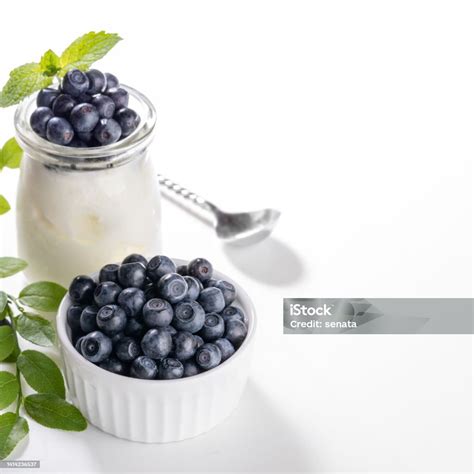 하얀 그릇에 신선한 야생 숲 블루 베리와 흰색에 유리 항아리에 천연 요구르트 공간을 복사합니다 0명에 대한 스톡 사진 및 기타 이미지 Istock