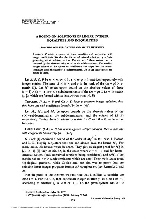 Pdf A Bound On Solutions Of Linear Integer Equalities And Inequalities