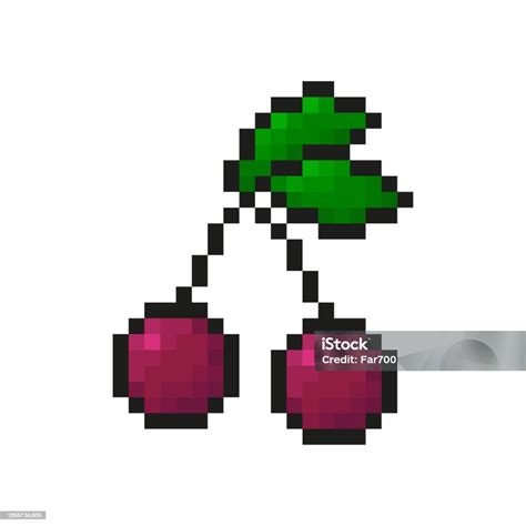 픽셀 베리 체리 아이콘 컬러 윤곽 실루엣 벡터 플랫 그래픽 일러스트레이션 흰색 배경의 격리된 개체입니다 격리 모자이크 처리에 대한 스톡 벡터 아트 및 기타 이미지 Istock