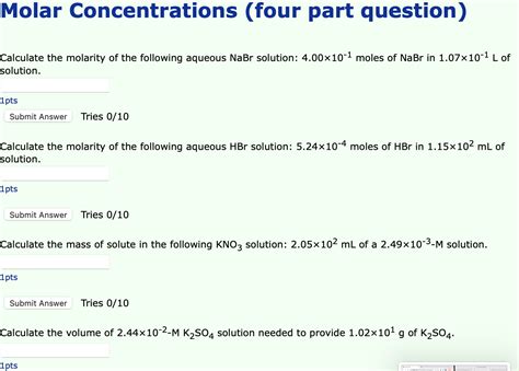 Solved Molar Concentrations Four Part Question Calculate Chegg Com