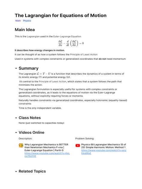 The Lagrangian For Equations Of Motion Pdf