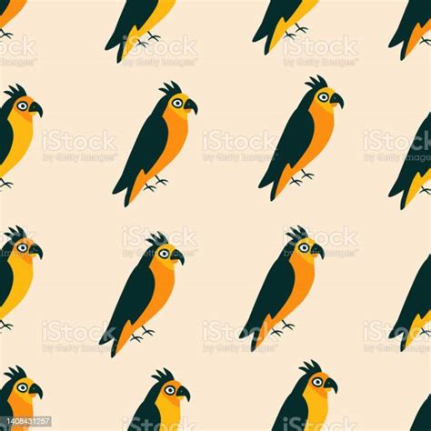 재미있는 앵무새 손으로 그린 벡터 일러스트레이션 귀여운 이국적인 Macaw 새는 아이들 직물 또는 벽지를위한 평면 스타일의 원활한 패턴입니다 귀여운에 대한 스톡 벡터 아트