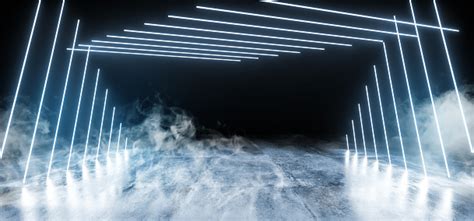 연기 추상 네온 어두운 그런 지 콘크리트 배경 아스팔트 착시 형광 블루 활기찬 빛나는 빈 공간 공상 과학 Fi 미래 지향적 인 가상 현실 단계 3d 렌더링 0명에 대한 스톡