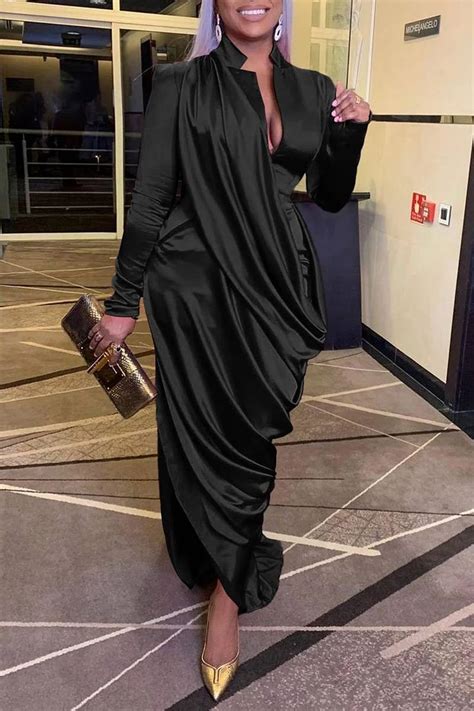 Xpluswear Plus Size Black Satin Stand Collar Party Maxi Dress In 2023