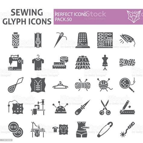 바느질 글리프 아이콘 세트 맞춤 기호 컬렉션 벡터 스케치 로고 일러스트 레이션 드레스 메이킹 징후 흰색 배경에 고립 된 단단한 그림 패키지 10에 대한 스톡 벡터 아트 및