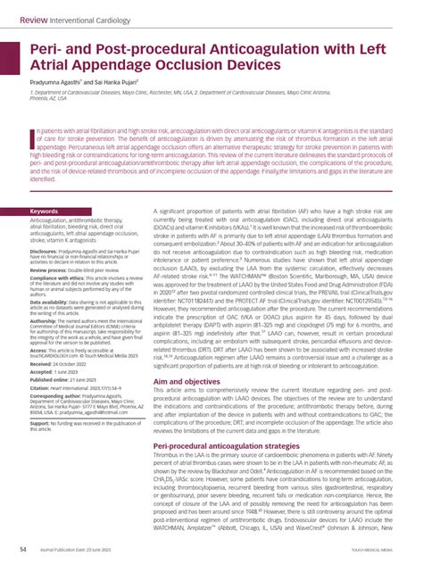 Peri And Post Procedural Anticoagulation With Left Atrial Appendage Occlusion Devices Pdf
